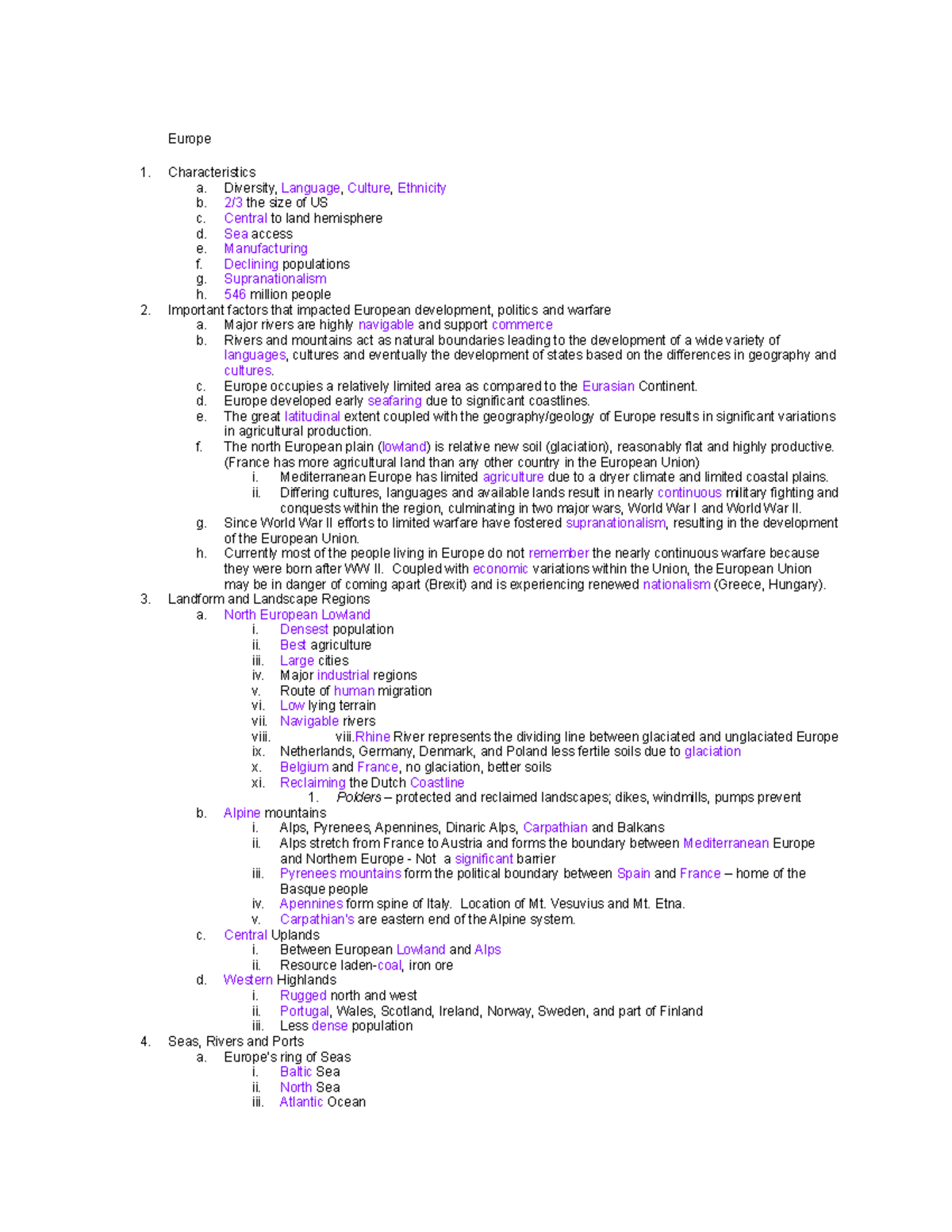 Europe Notes - Europe Characteristics a. Diversity, Language, Culture ...