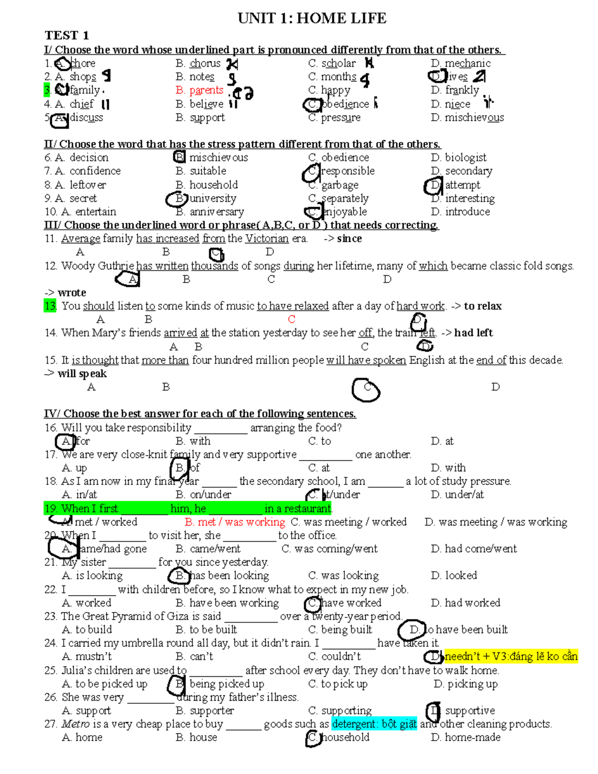 TEST UNIT 1 - Tiếng Anh - UNIT 1: HOME LIFE TEST 1 I/ Choose the word ...