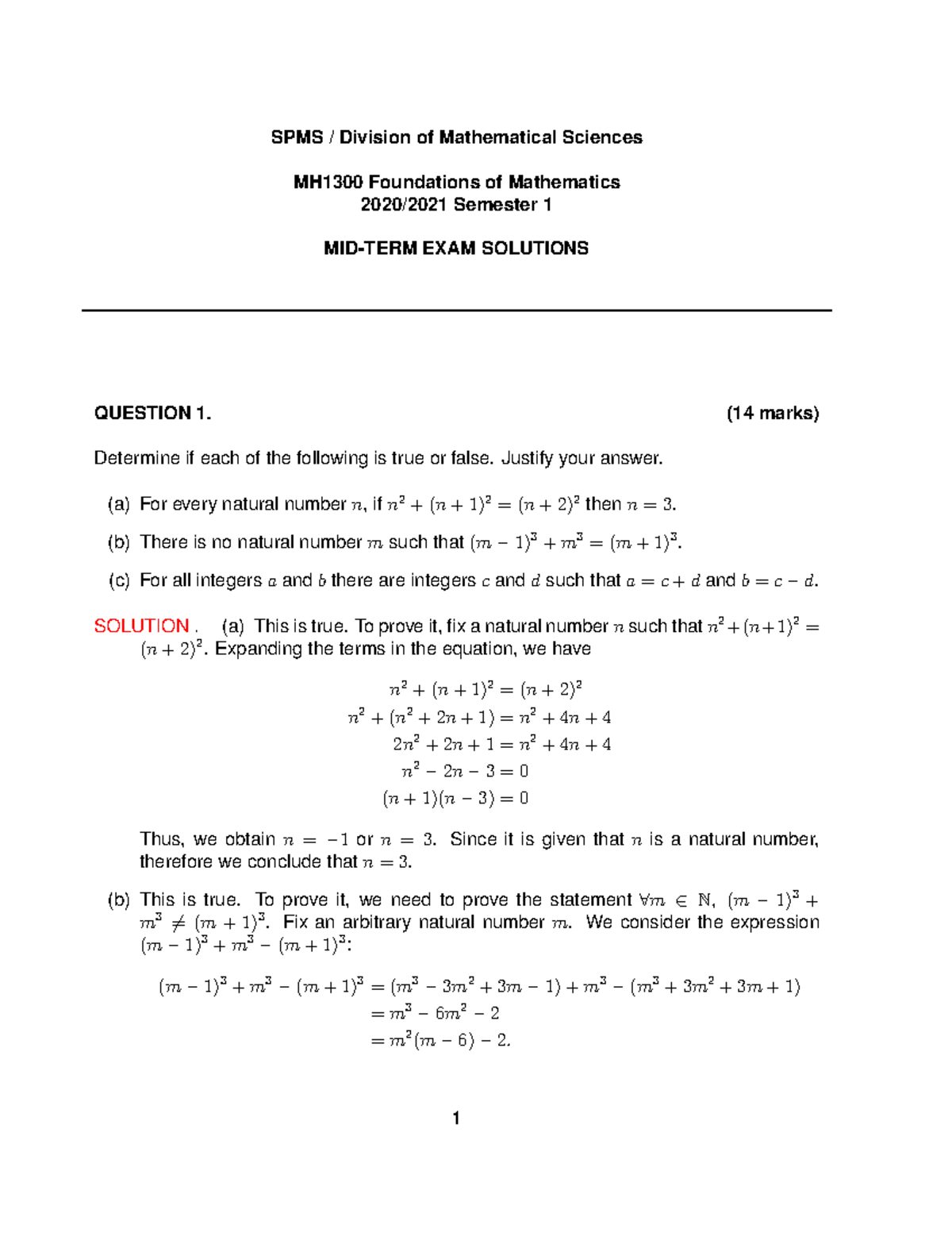 Mh1300 Midterm Solutions - SPMS / Division of Mathematical Sciences ...