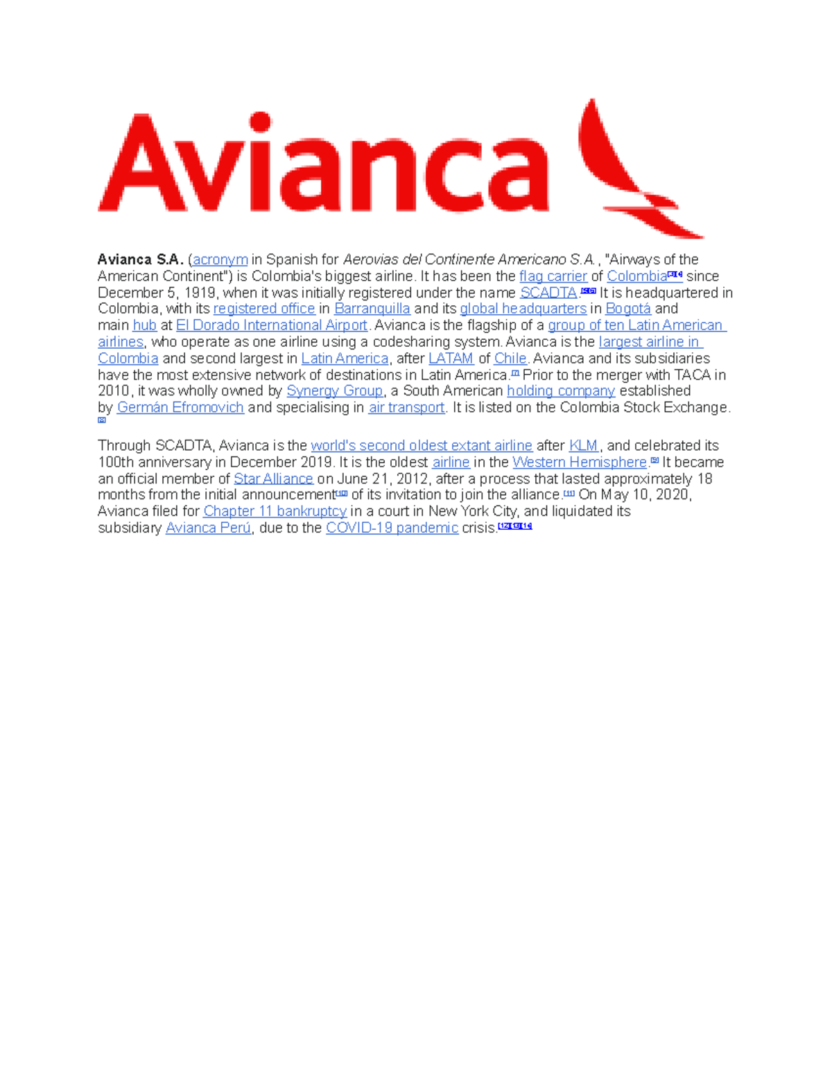 Avianca S - notes - Avianca S. (acronym in Spanish for Aerovias del ...