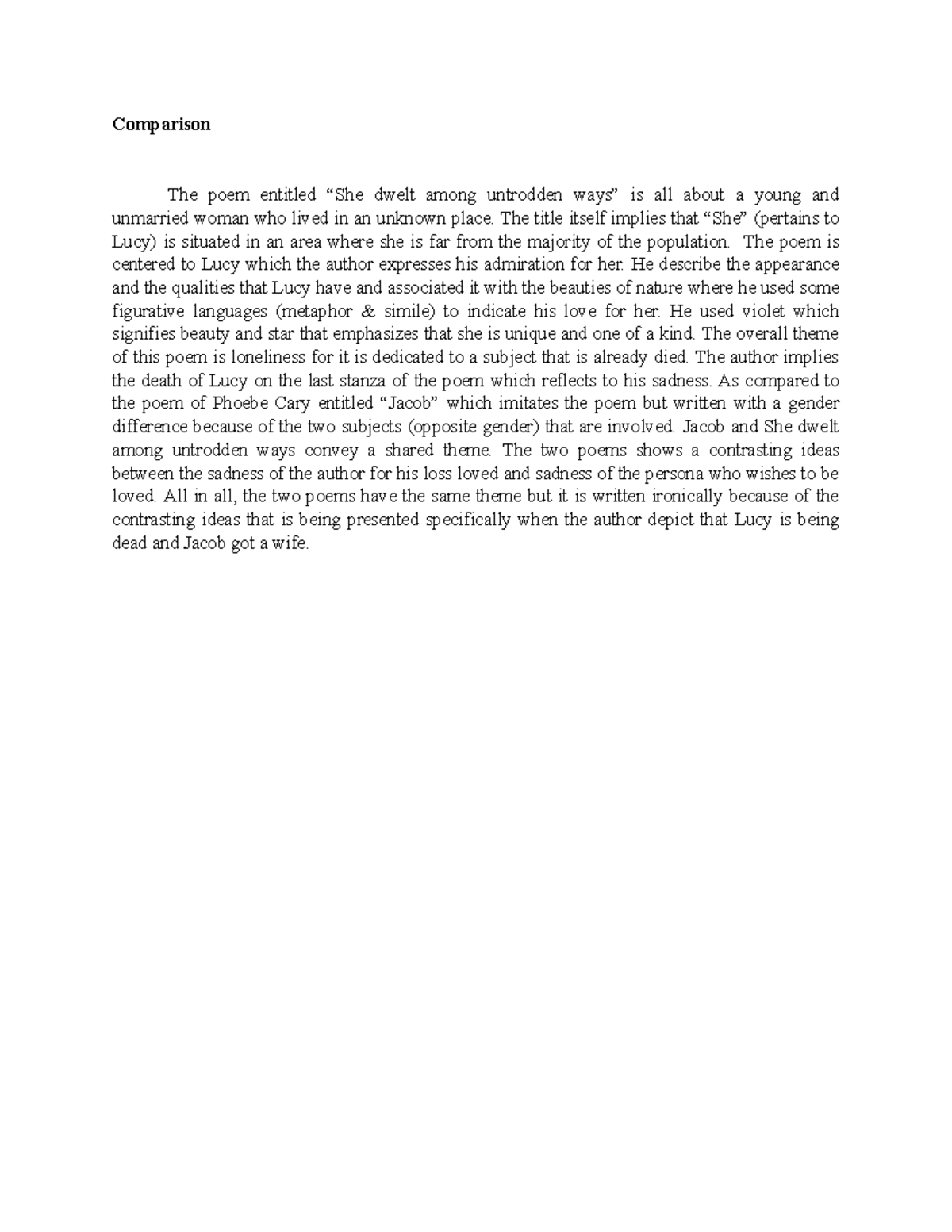 Comparison - EAPP - Comparison The poem entitled “She dwelt among ...