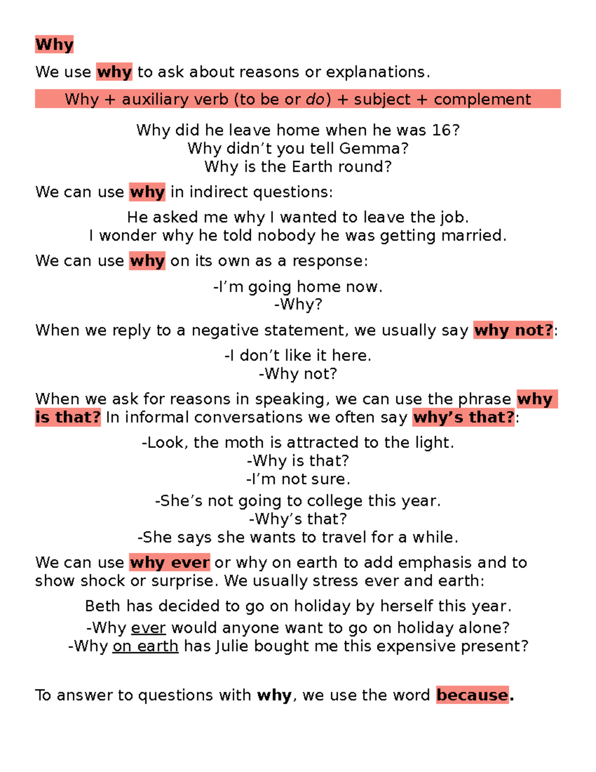 Why - Summary and exercises for Why - Why We use why to ask about ...