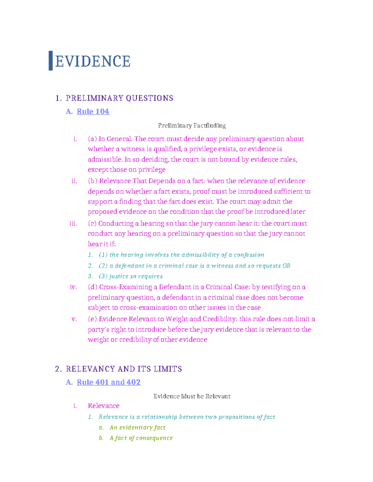 Evidence Outline - Professor Cammack - EVIDENCE 1. PRELIMINARY ...