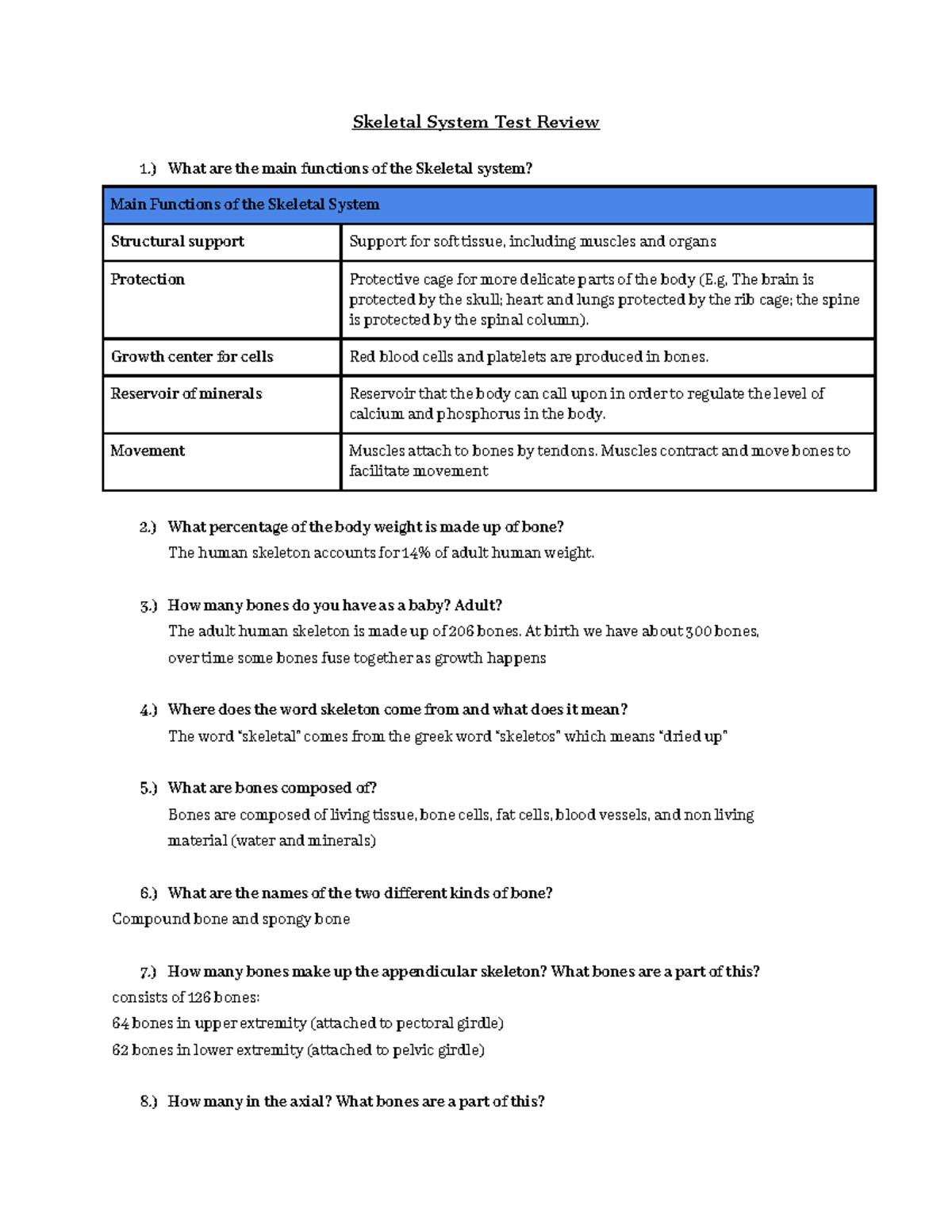 Skeletal System Test Review - ) What are the main functions of the ...
