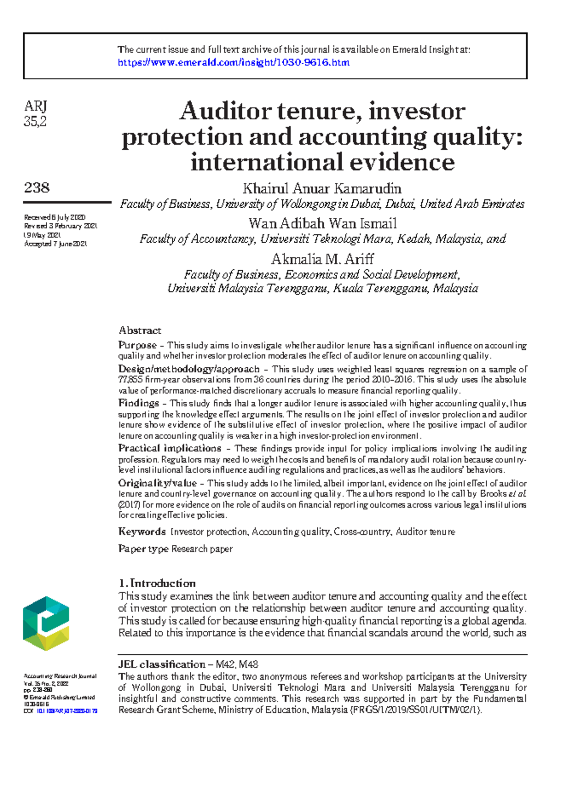 16 Auditor tenure, investor - Auditor tenure, investor protection and accounting quality: - Studocu