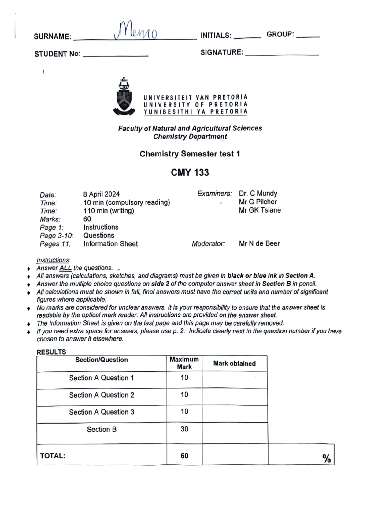 CMY 133 semester test 1 memo 2024 - CMY 133 - Studocu