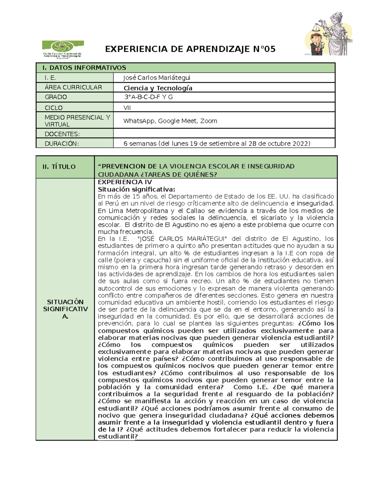 Experiencia de Aprendizaje 5-tercero 2022 - EXPERIENCIA DE APRENDIZAJE N° I. DATOS INFORMATIVOS ...