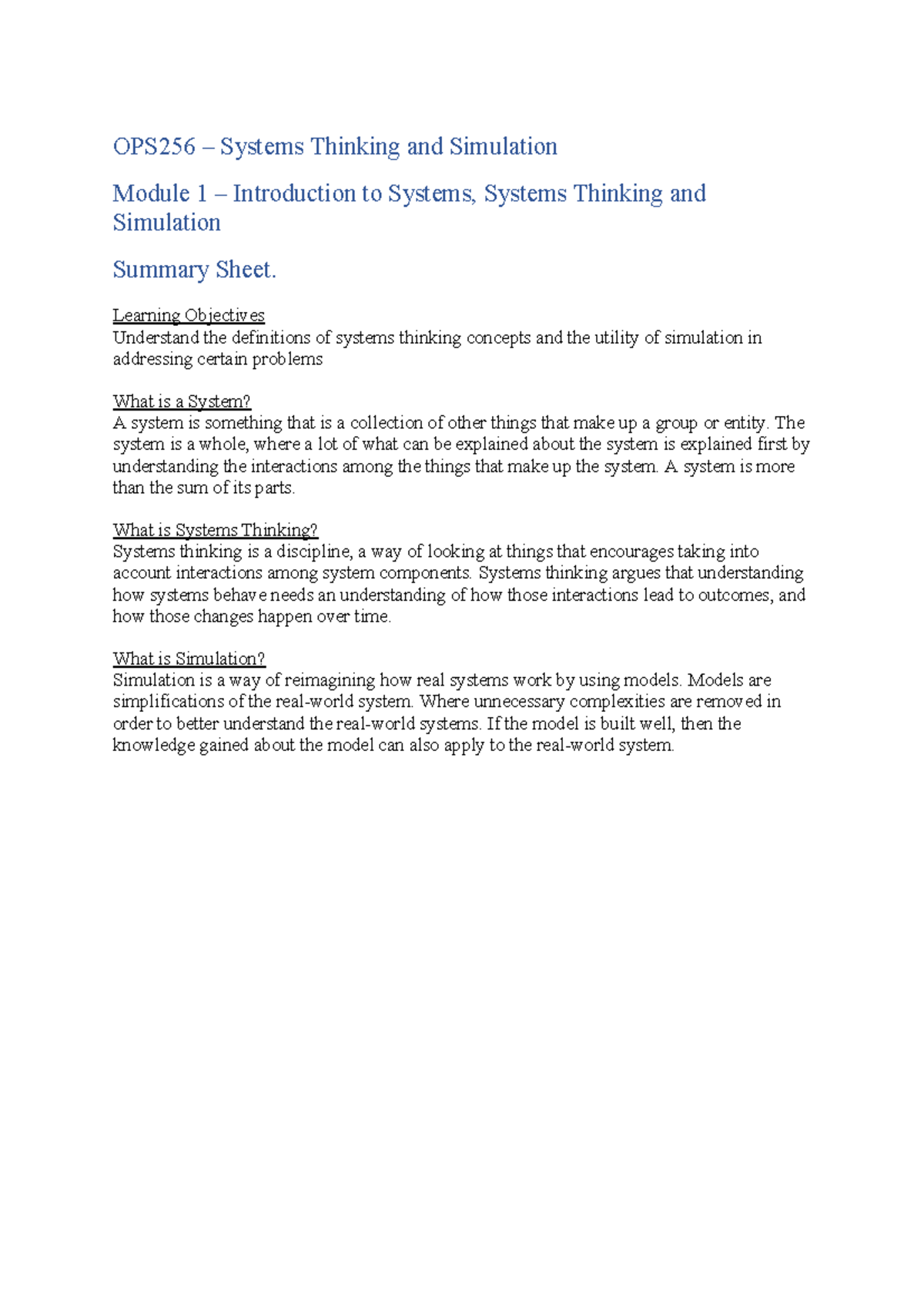 Module 1 Summary Sheet - weekly - OPS256 – Systems Thinking and ...