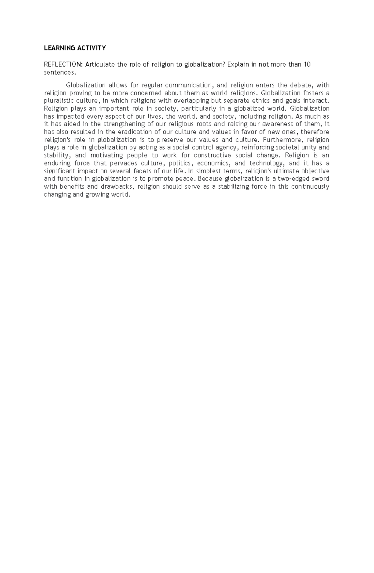 The Contemporary World (Role of Religion) - LEARNING ACTIVITY ...