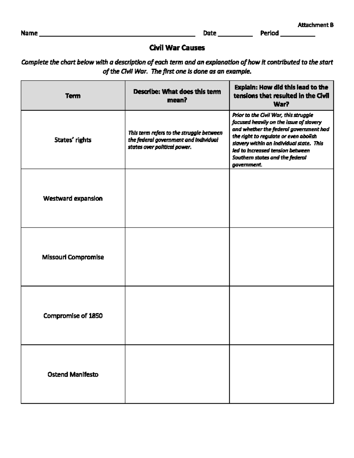 2.1 Civil War Lesson Attachment B Notes FORM - FRSC 302 - Studocu