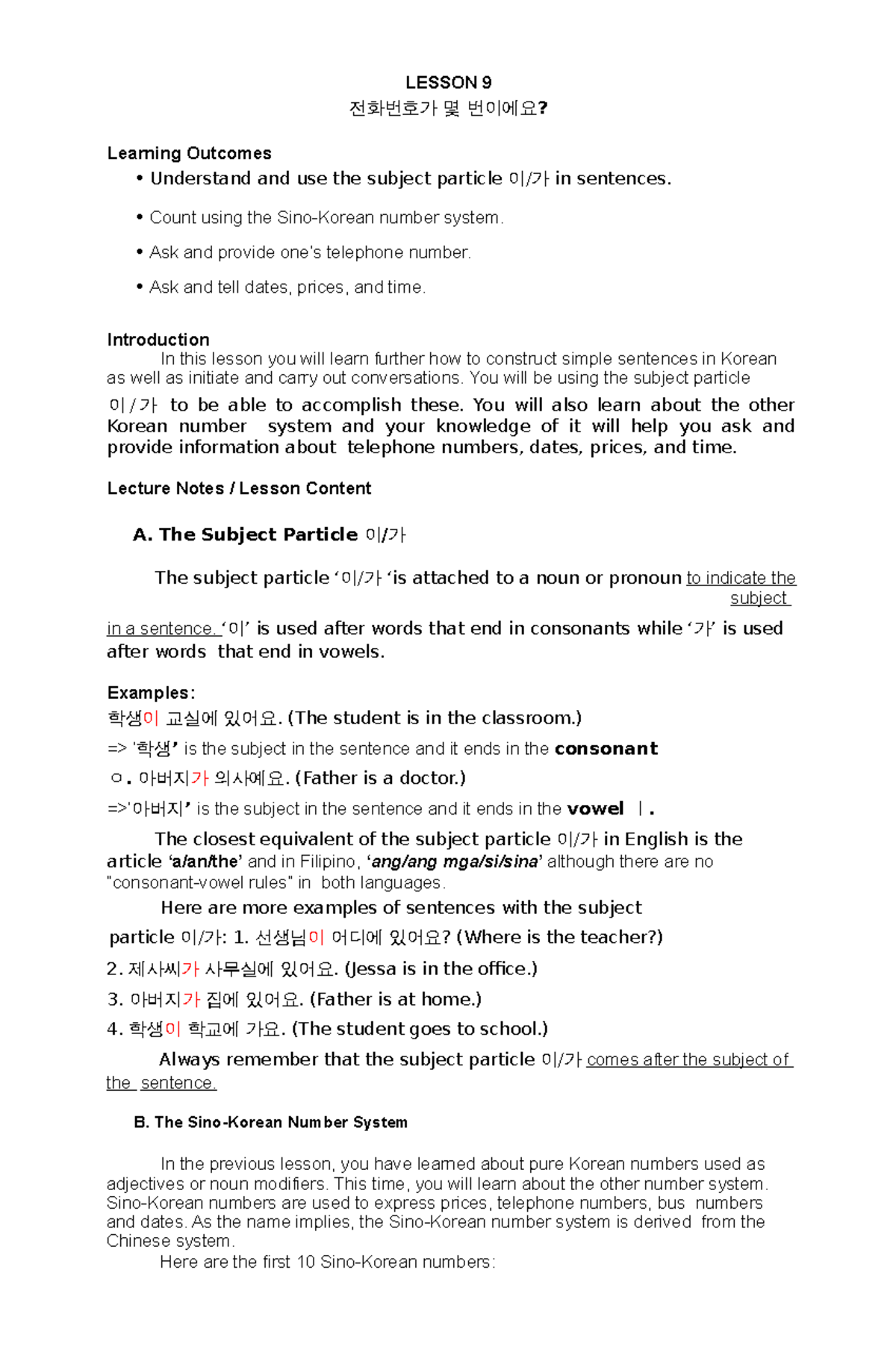 Module 7 - Lesson 9 Content - LESSON 9 전화번호가 몇 번이에요? Learning Outcomes ...