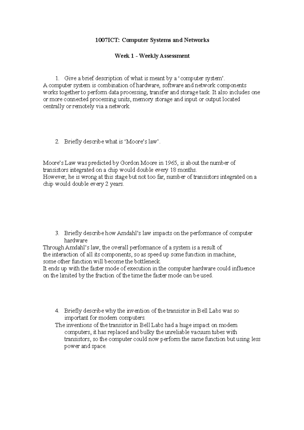 1007ICT 1.1 Week 1 Weekly Assessment - 1007ICT: Computer Systems and ...