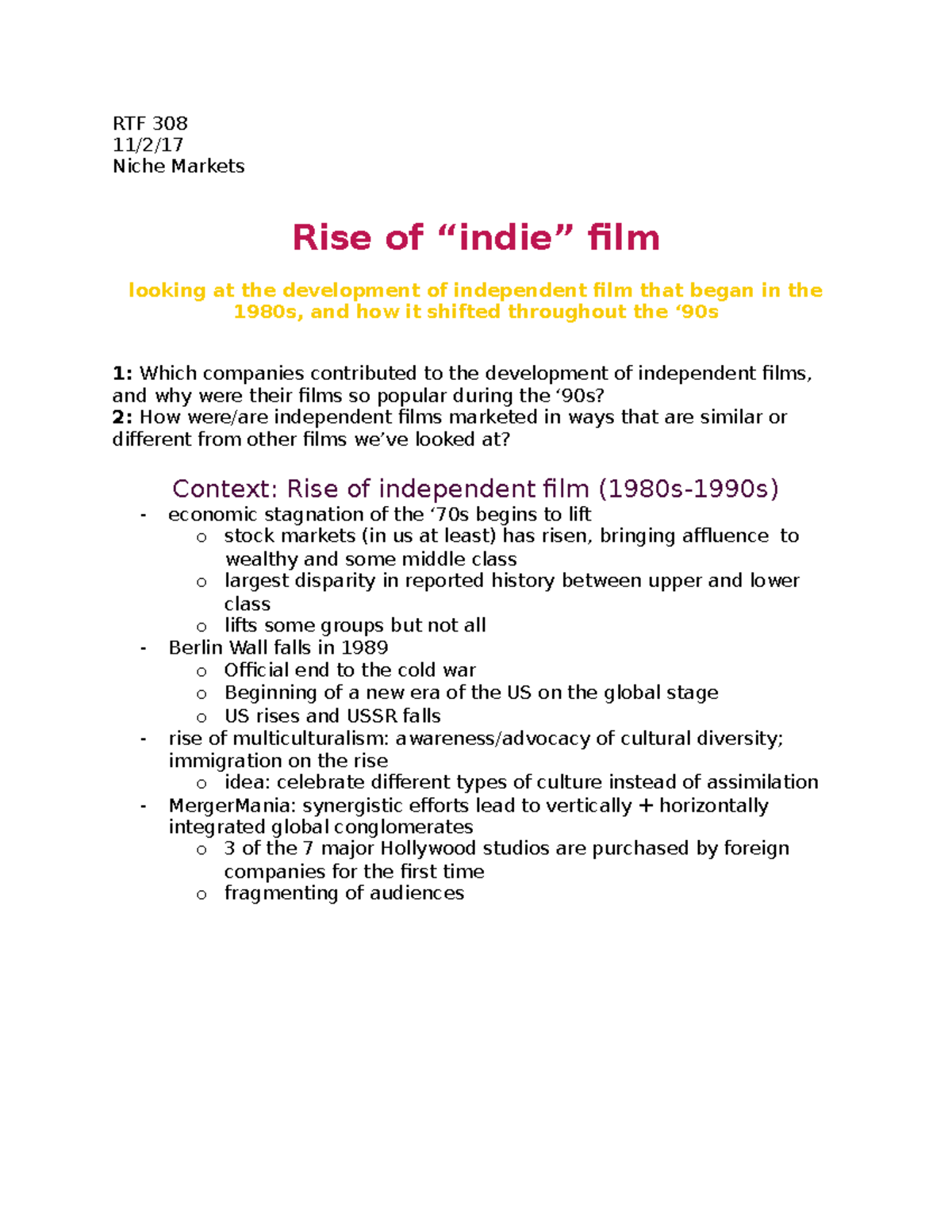 Rise of indie film 11-2-17 - RTF 308 11/2/ Niche Markets Rise of “indie ...