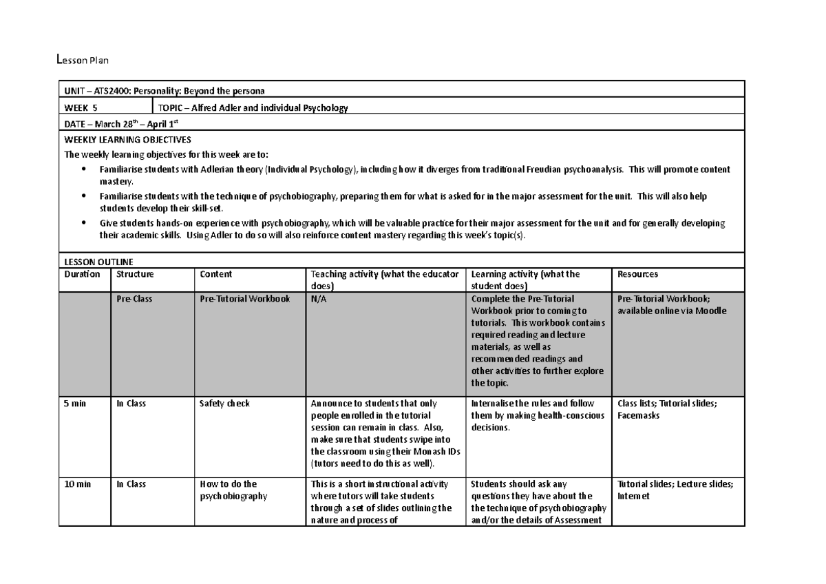 Week 5 - Lesson Plan - Lesson Plan UNIT – ATS2400: Personality: Beyond ...