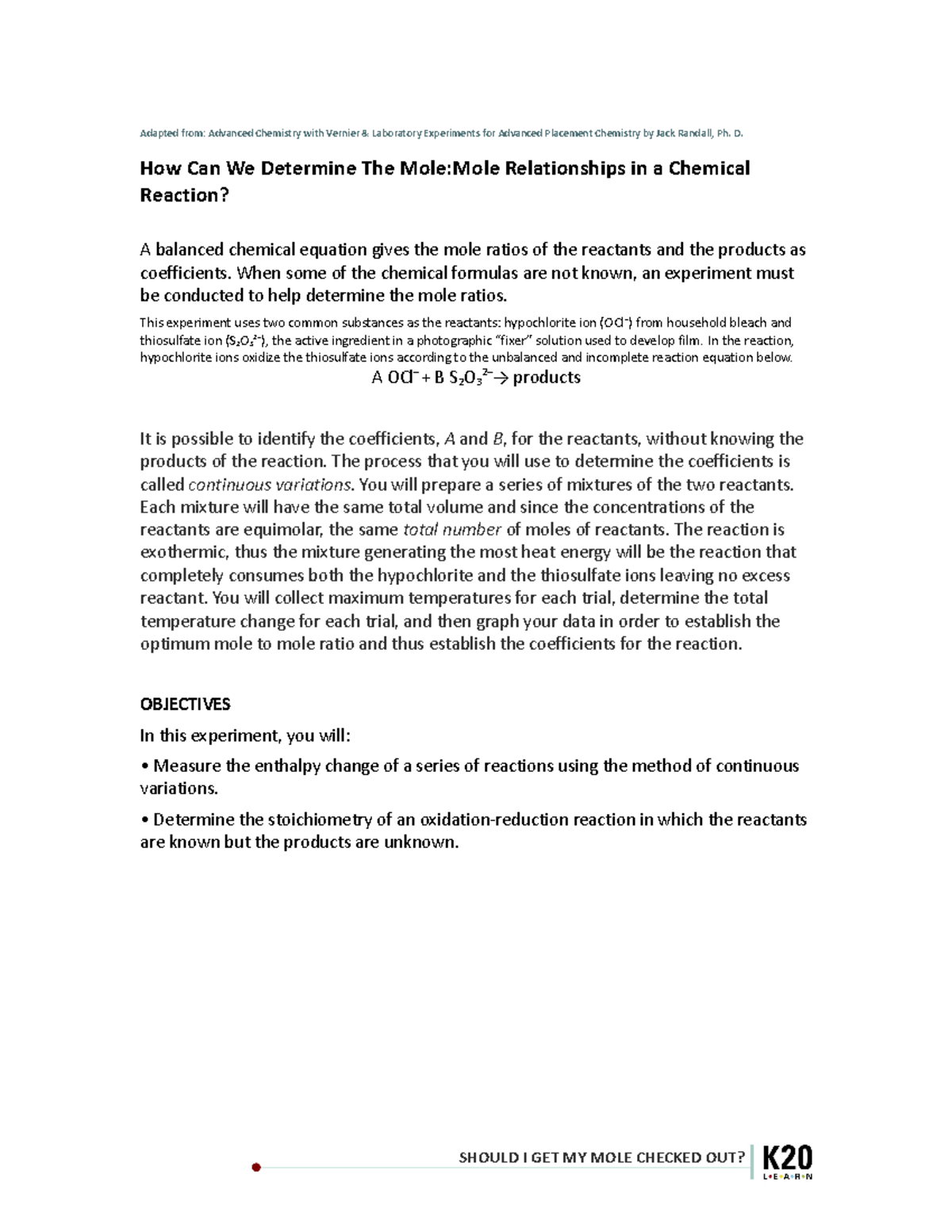 Mole Mole Ratio lab - n/a - Adapted from: Advanced Chemistry with ...