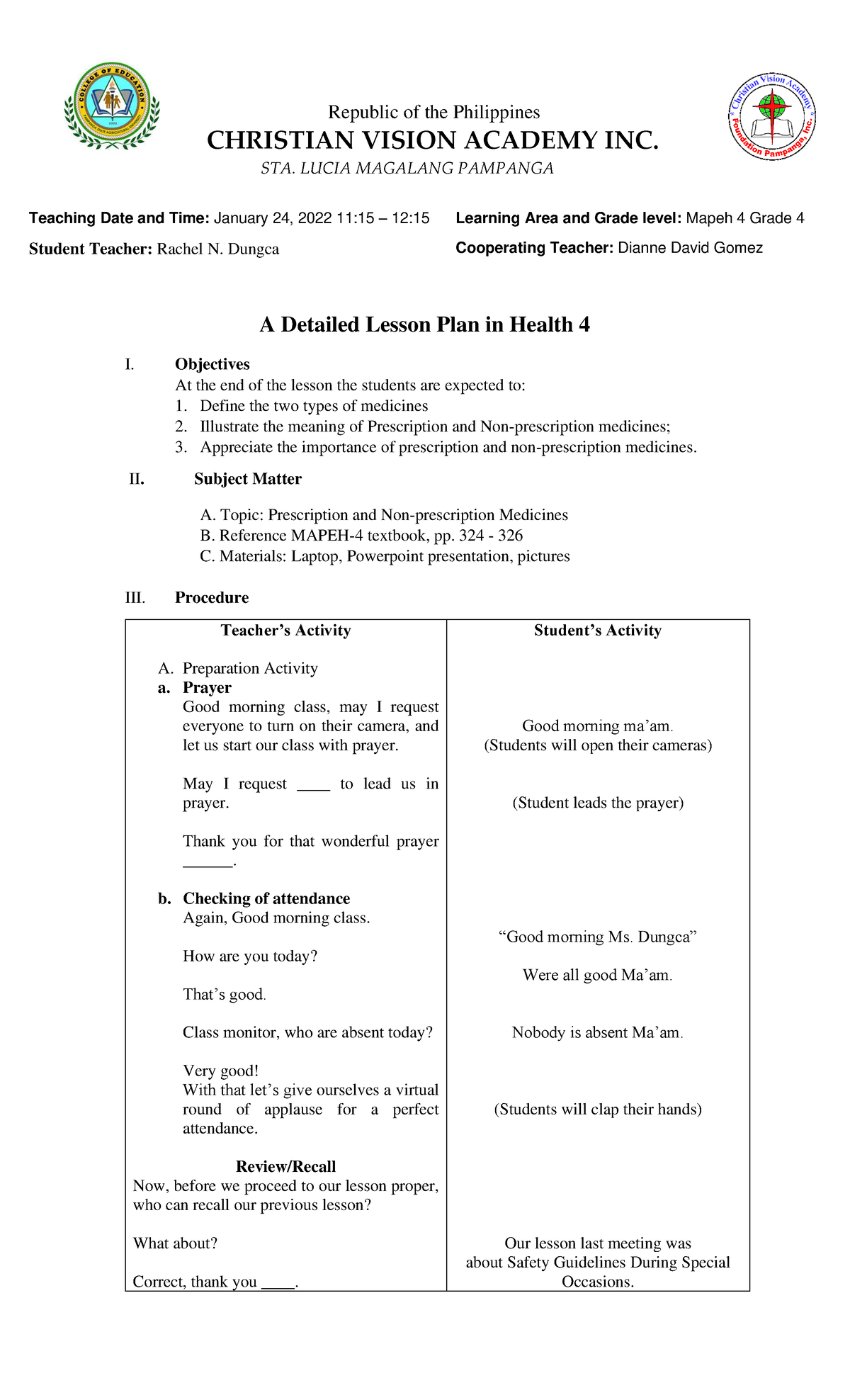 DLP Medicine G4 Health - JJAKA - Republic of the Philippines CHRISTIAN ...