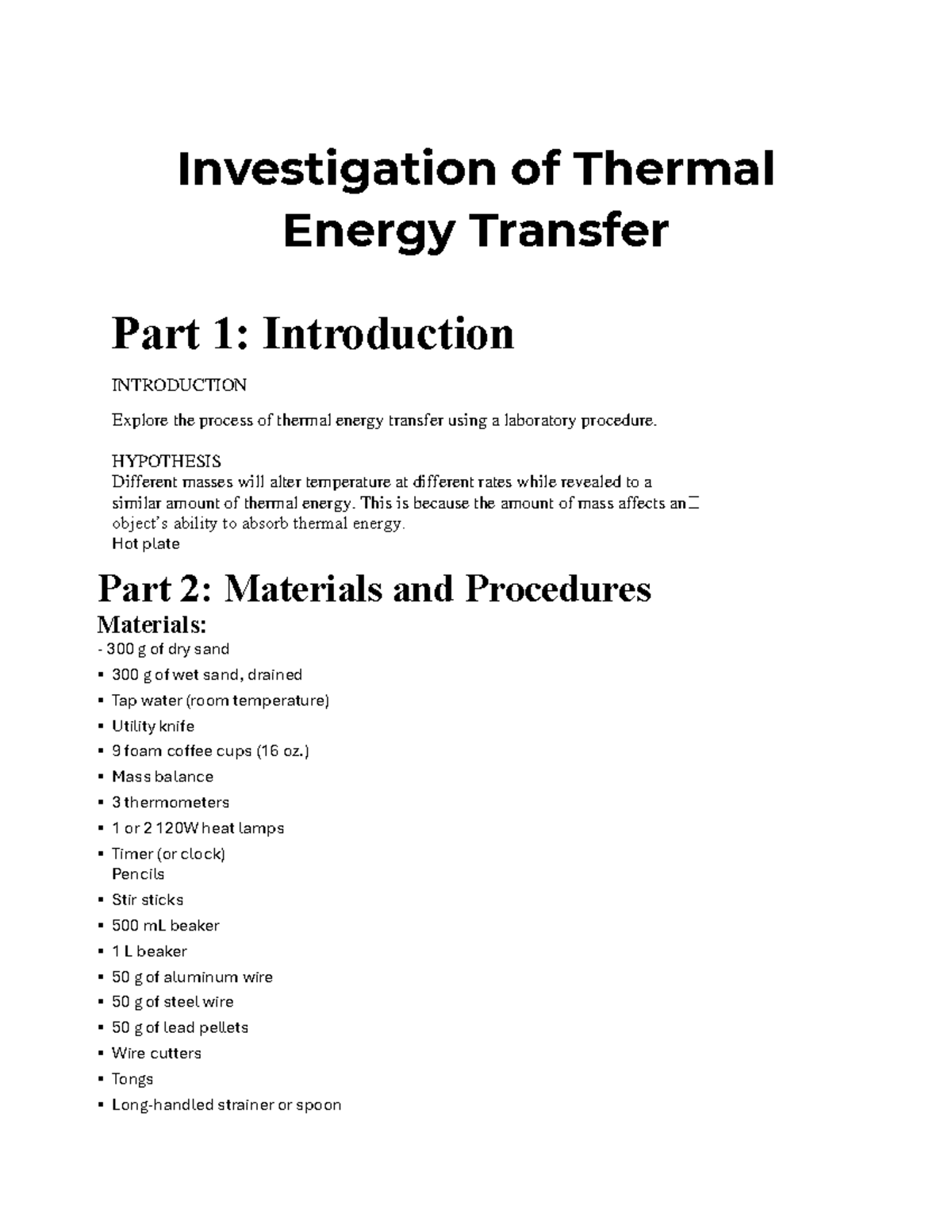 Investigation of Thermal Energy Transfer Lab report - Investigation of ...