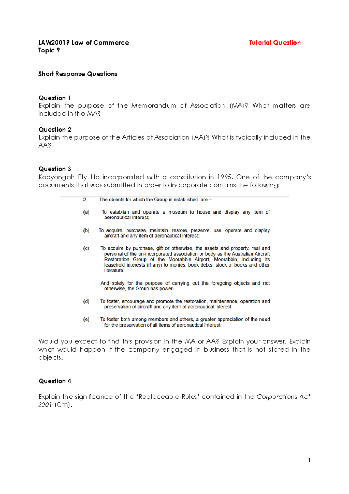 LAW2001 9 Topic 9 Tutorial Question - 1 LAW20019 Law of Commerce ...