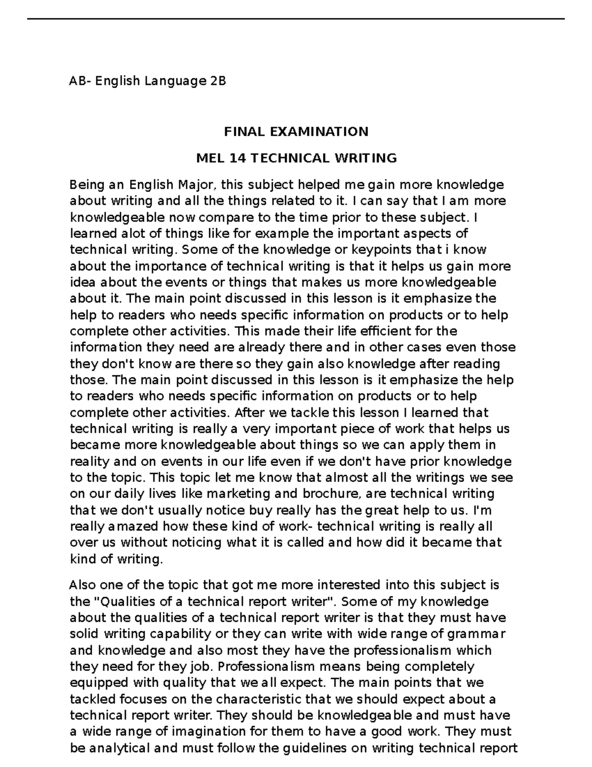 MEL 14 Technical Writing - AB- English Language 2B FINAL EXAMINATION ...