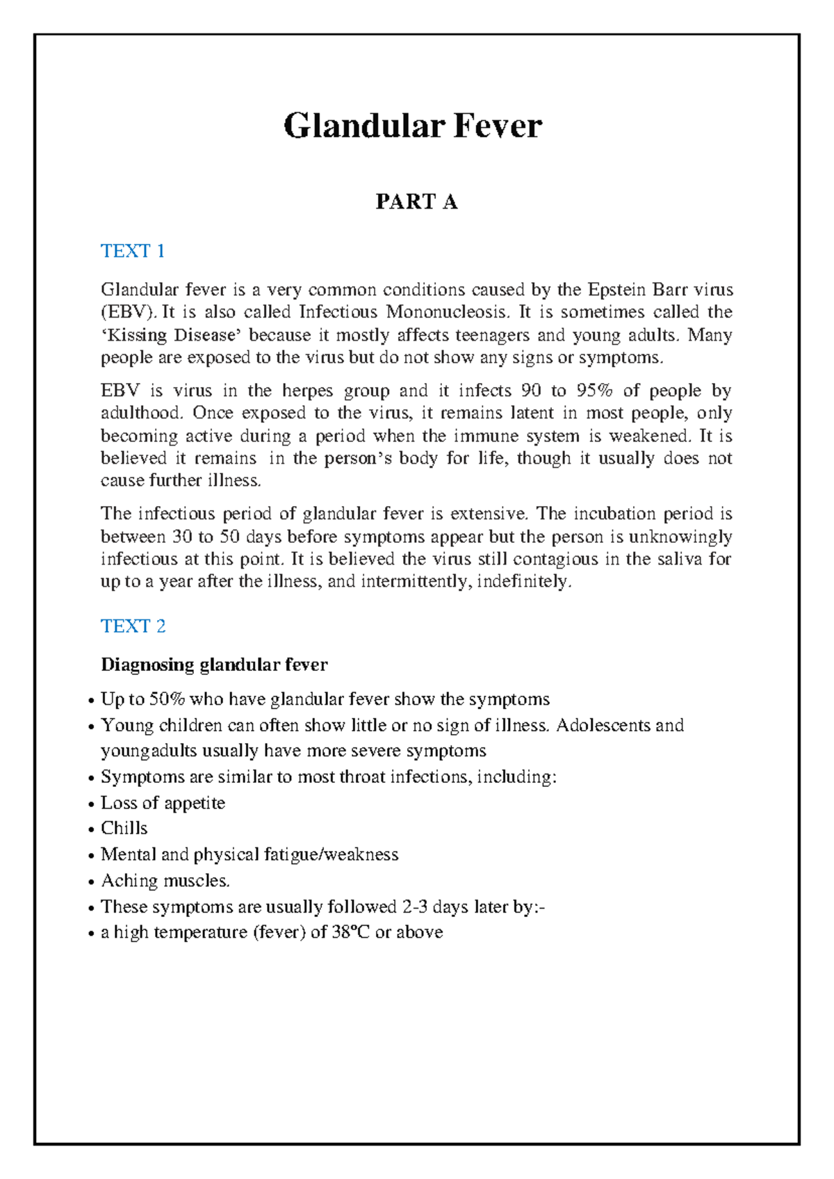 Glandular Fever - Oet materials - Glandular Fever PART A ####### TEXT 1 ...