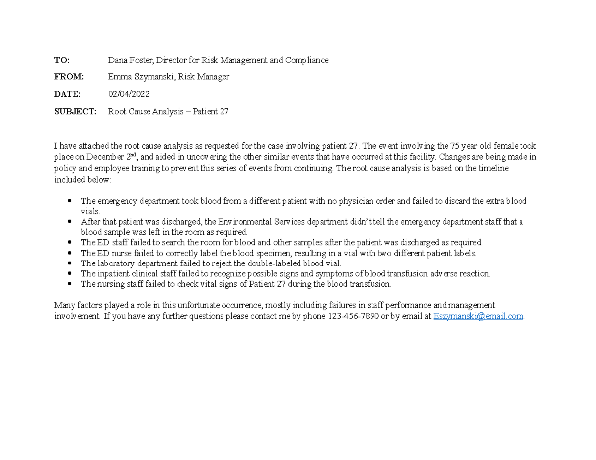 Application Week 3 - TO: Dana Foster, Director for Risk Management and Compliance FROM: Emma ...