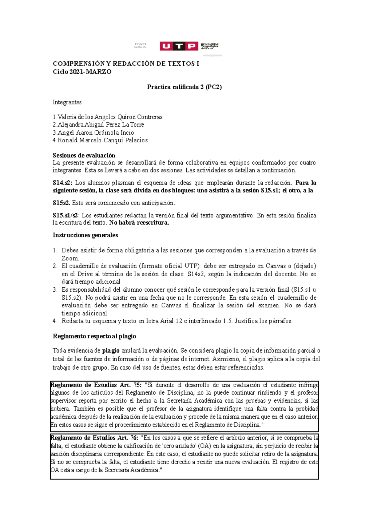 S14.s2 y S15 Práctica Calificada 2 (Formato oficial UTP) 2021-marzo - COMPRENSIÓN Y REDACCIÓN DE ...