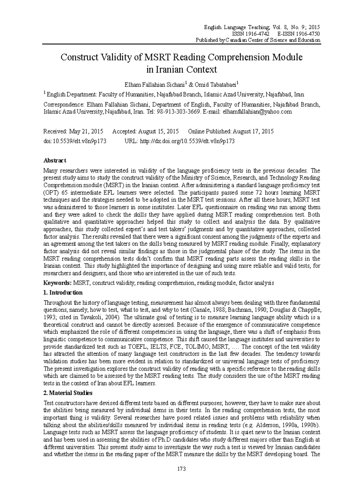 Construct Validity Reading Module - English Language Teaching; Vol. 8, No. 9; 2015 ISSN 1916 ...