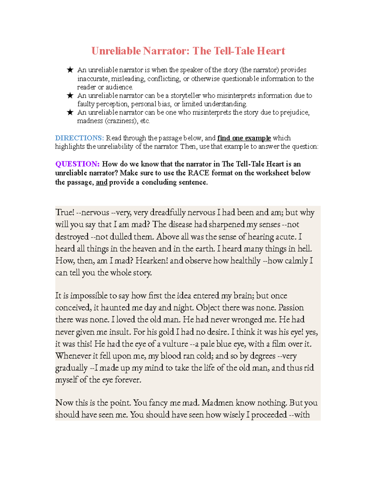 ELA pd 4 kw - sssee - Unreliable Narrator: The Tell-Tale Heart ★ An ...