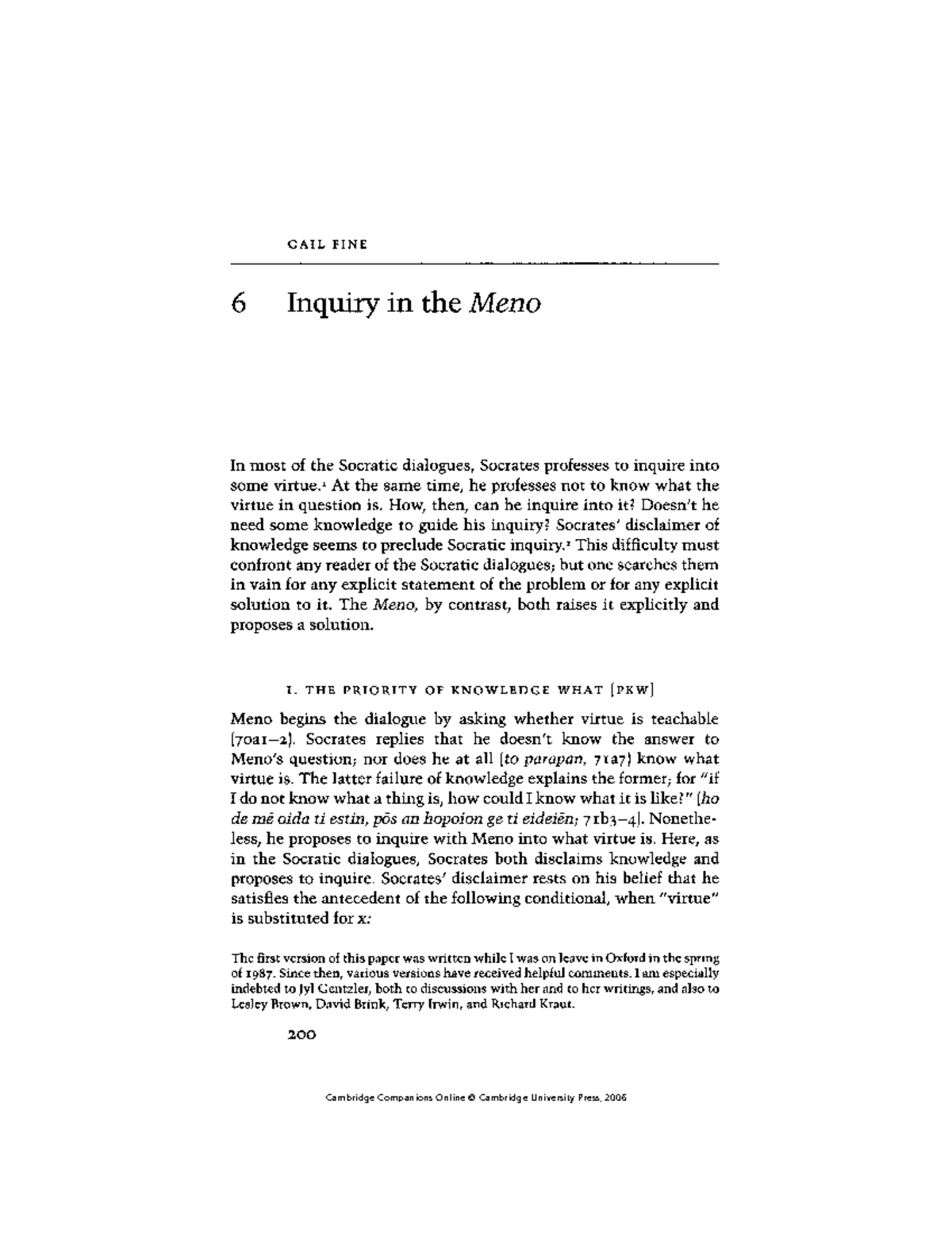 Inquiry in the Meno, PWK. - GAIL FINE 6 Inquiry in the Meno In most of ...