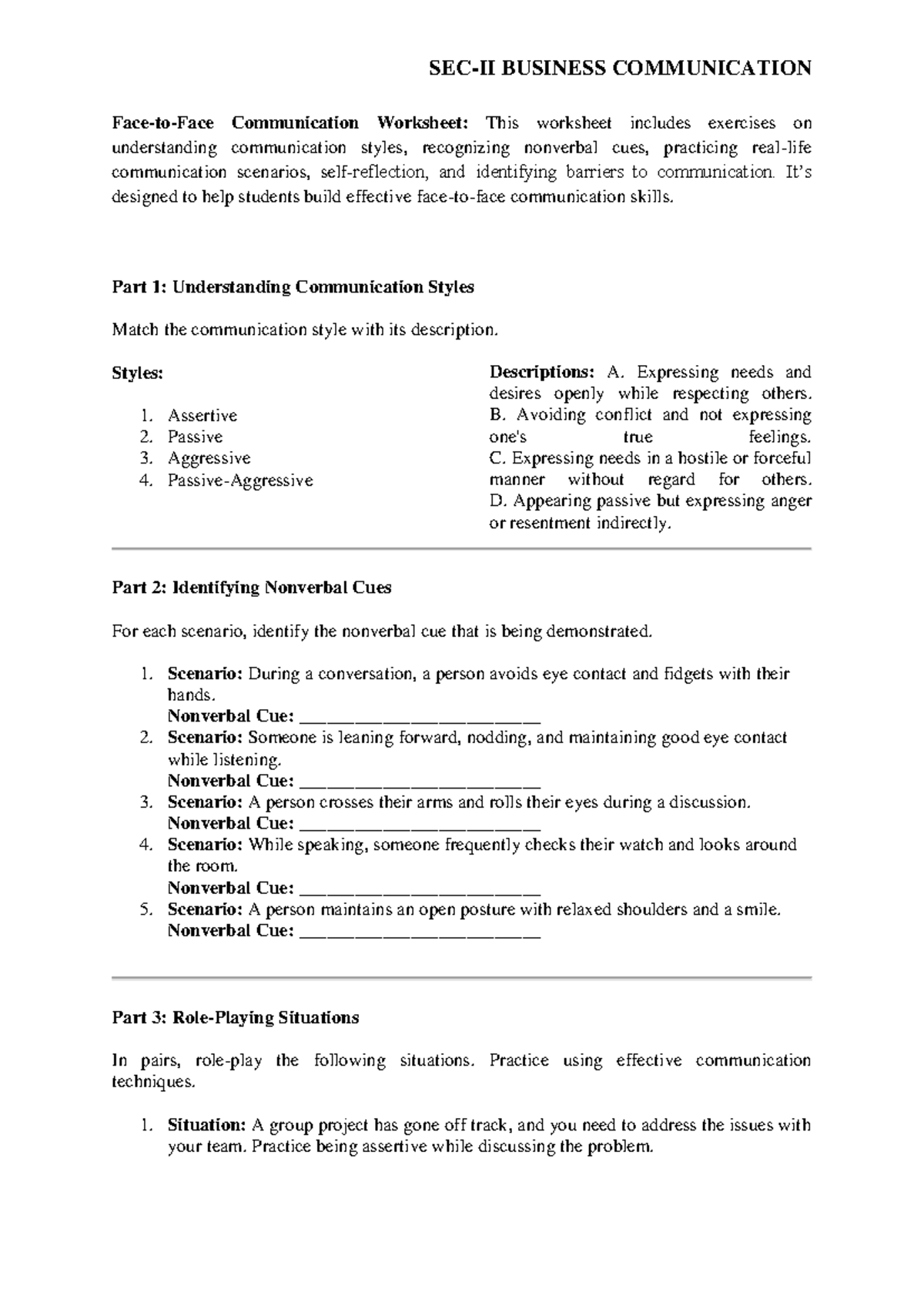 SEC-II BC Worksheet - Face-to-Face Communication Worksheet: This ...