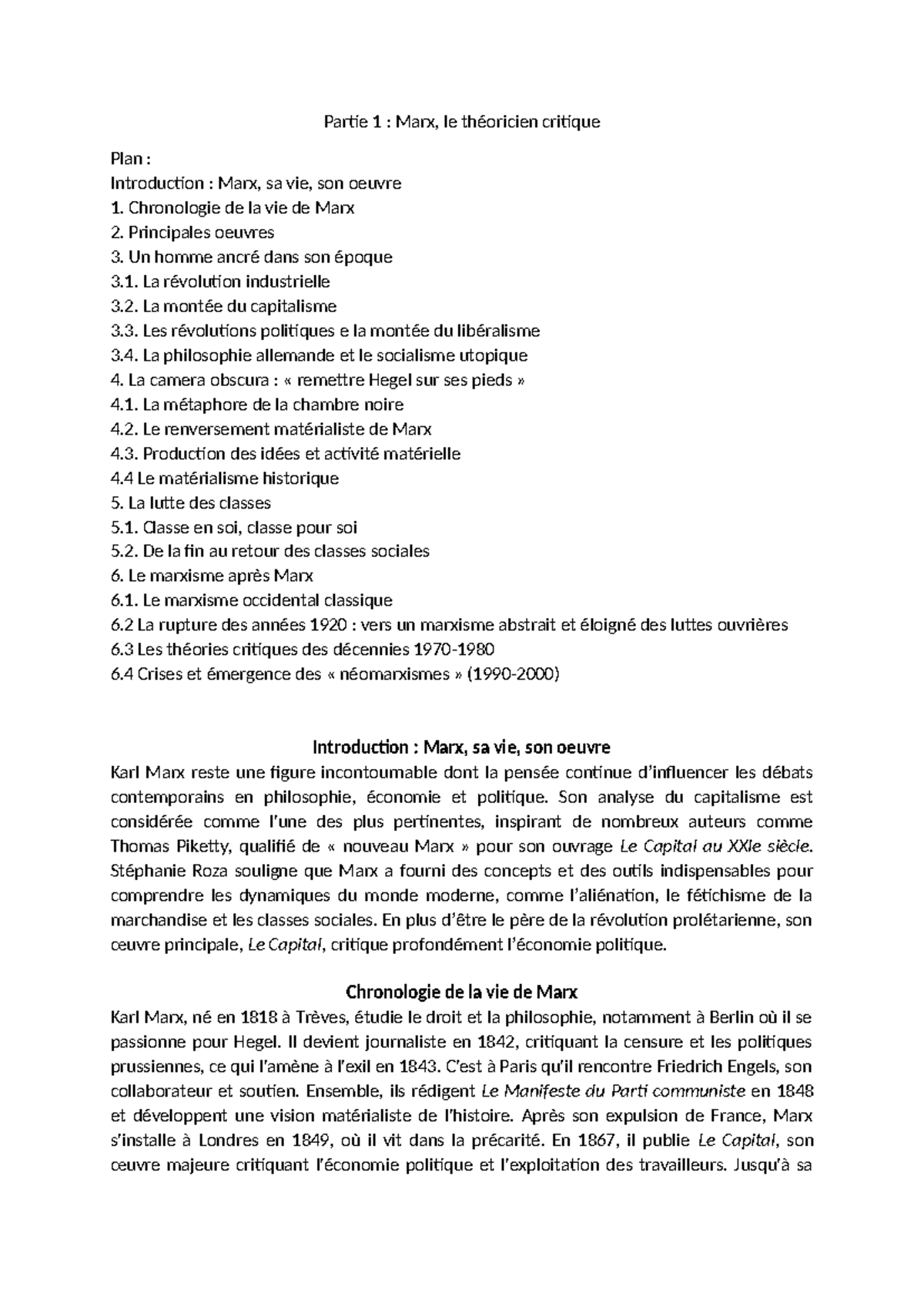 Résumé cuurs TSS - Resumé de cours - Partie 1 : Marx, le théoricien ...