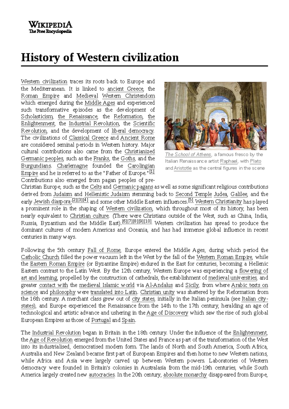 History of Western civilization - The School of Athens, a famous fresco ...