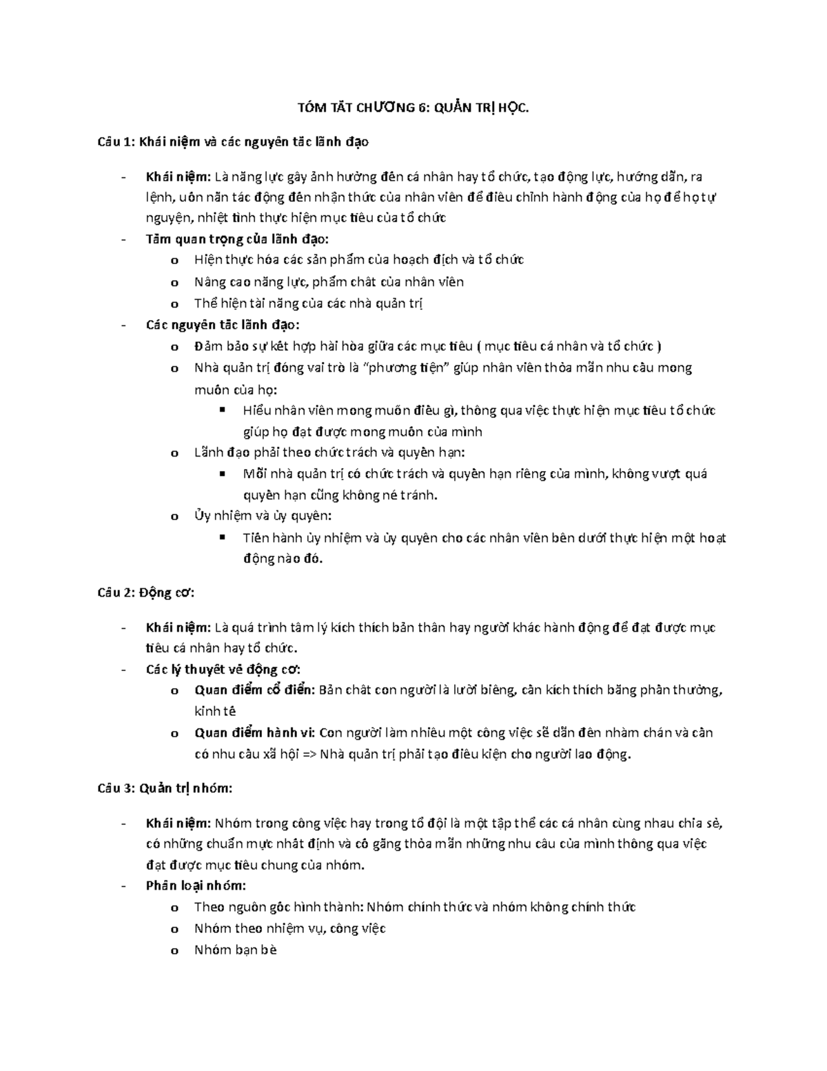 ĐỀ CƯƠNG CHƯƠNG 6 QUẢN TRỊ HỌC - TÓM TẮẮT CH ƯƠNG 6: QU ẢN TR H Ị ỌC. Câu 1: Khái ni m và các ...