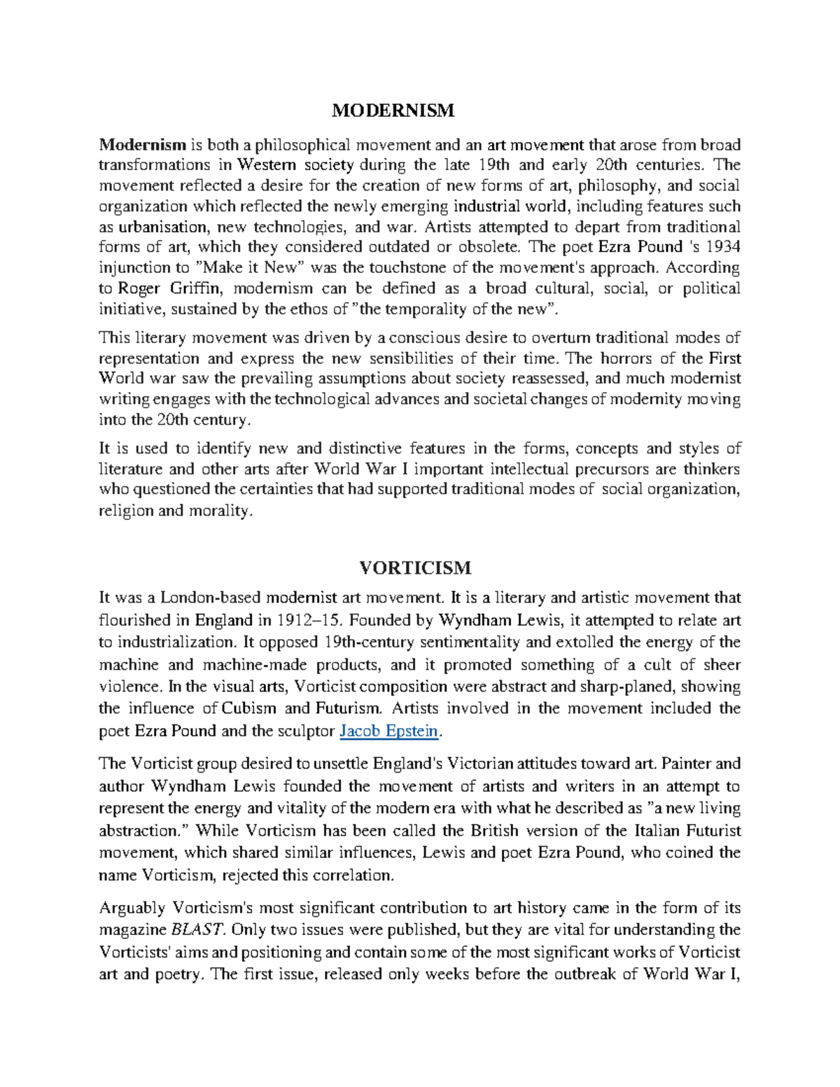 Modernism - Course description - MODERNISM Modernism is both a ...