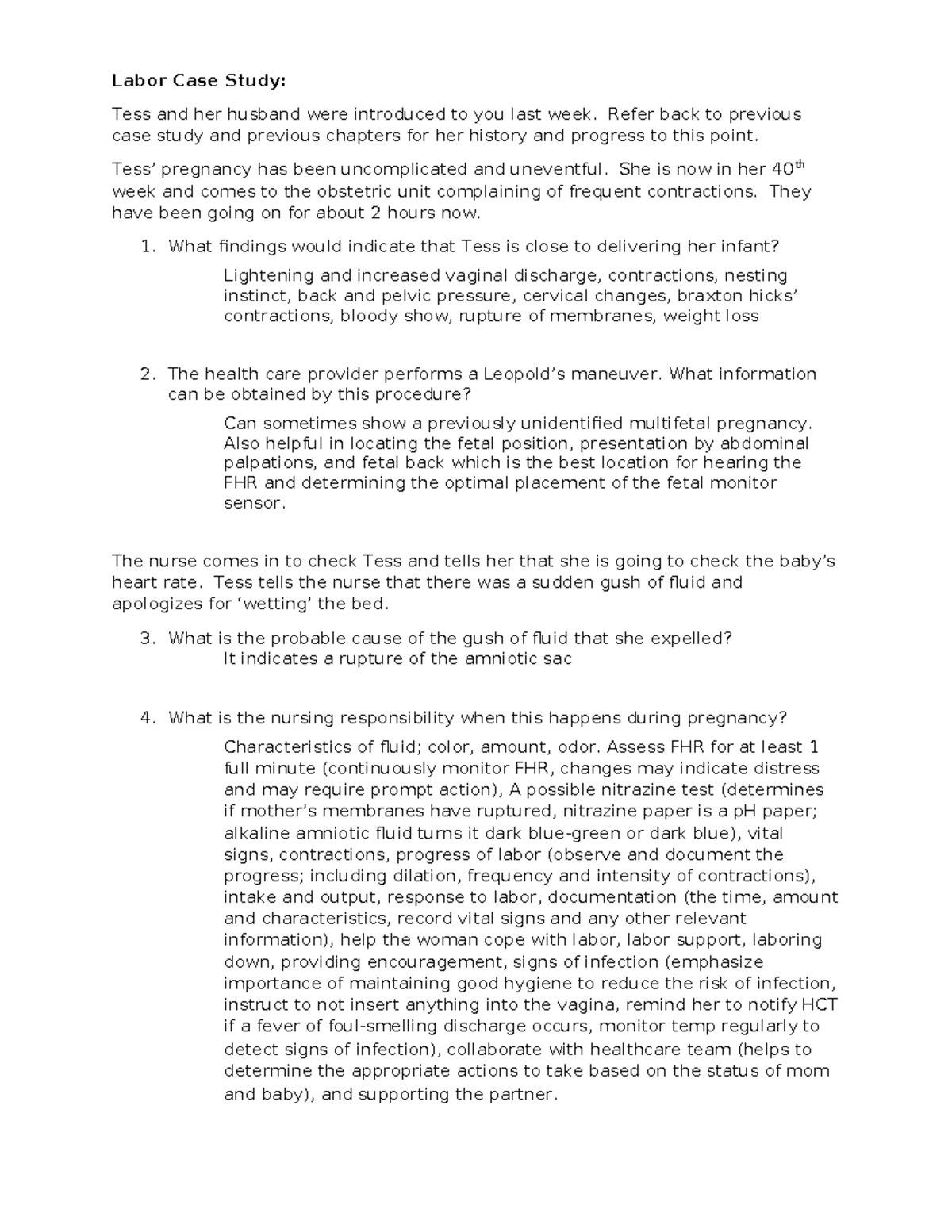 Case Study for Labor (ch 6, 7, 8) - Labor Case Study: Tess and her ...