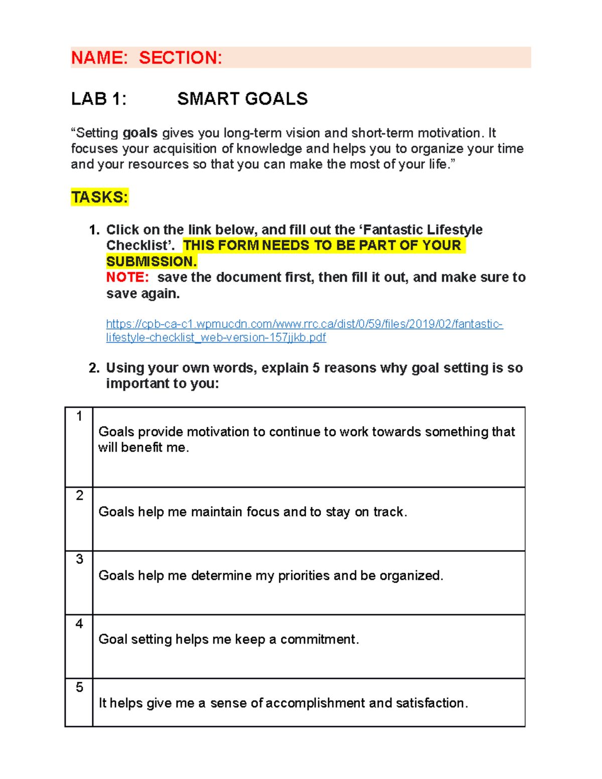 LAB 1 Smart Goals - Studocu