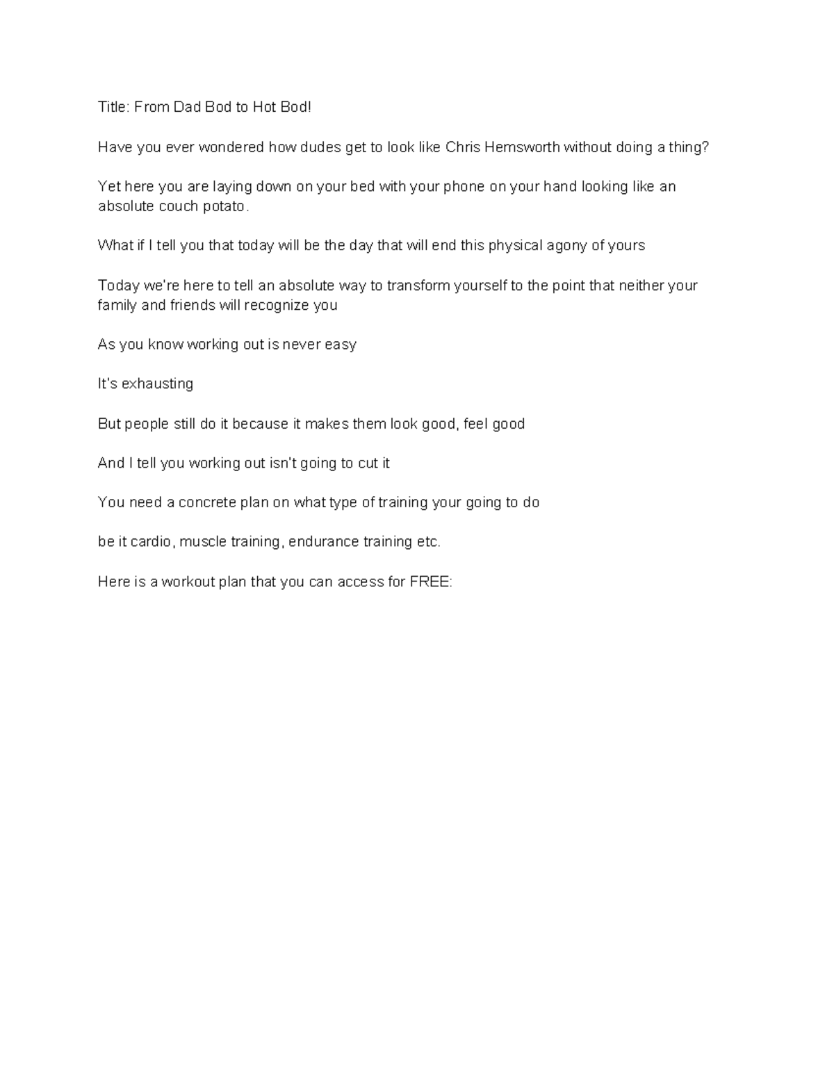 Fitness Copy Writing Sample (English) - Title: From Dad Bod to Hot Bod ...