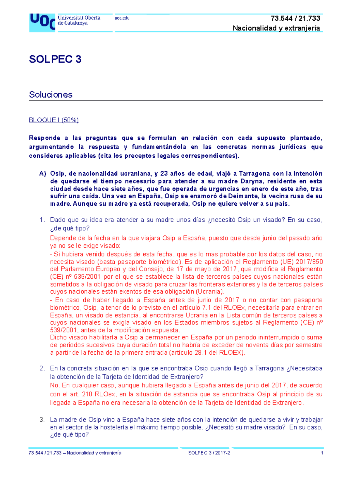 Solución PEC 3 - PEC 3 - 73 / 21 Nacionalidad y extranjería SOLPEC 3 Soluciones BLOQUE I (50% ...