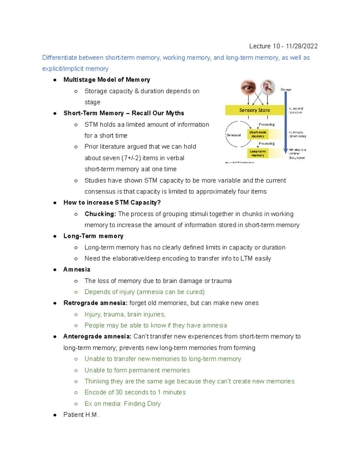 Psychology: Memory - Lecture 10 - 11/29/ Differentiate between short ...
