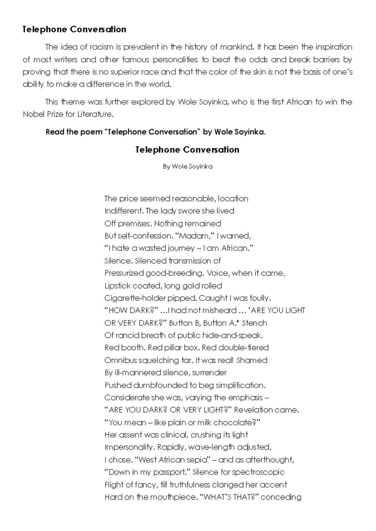 Telephone Conversation by Wole Soyinka - Telephone Conversation The ...