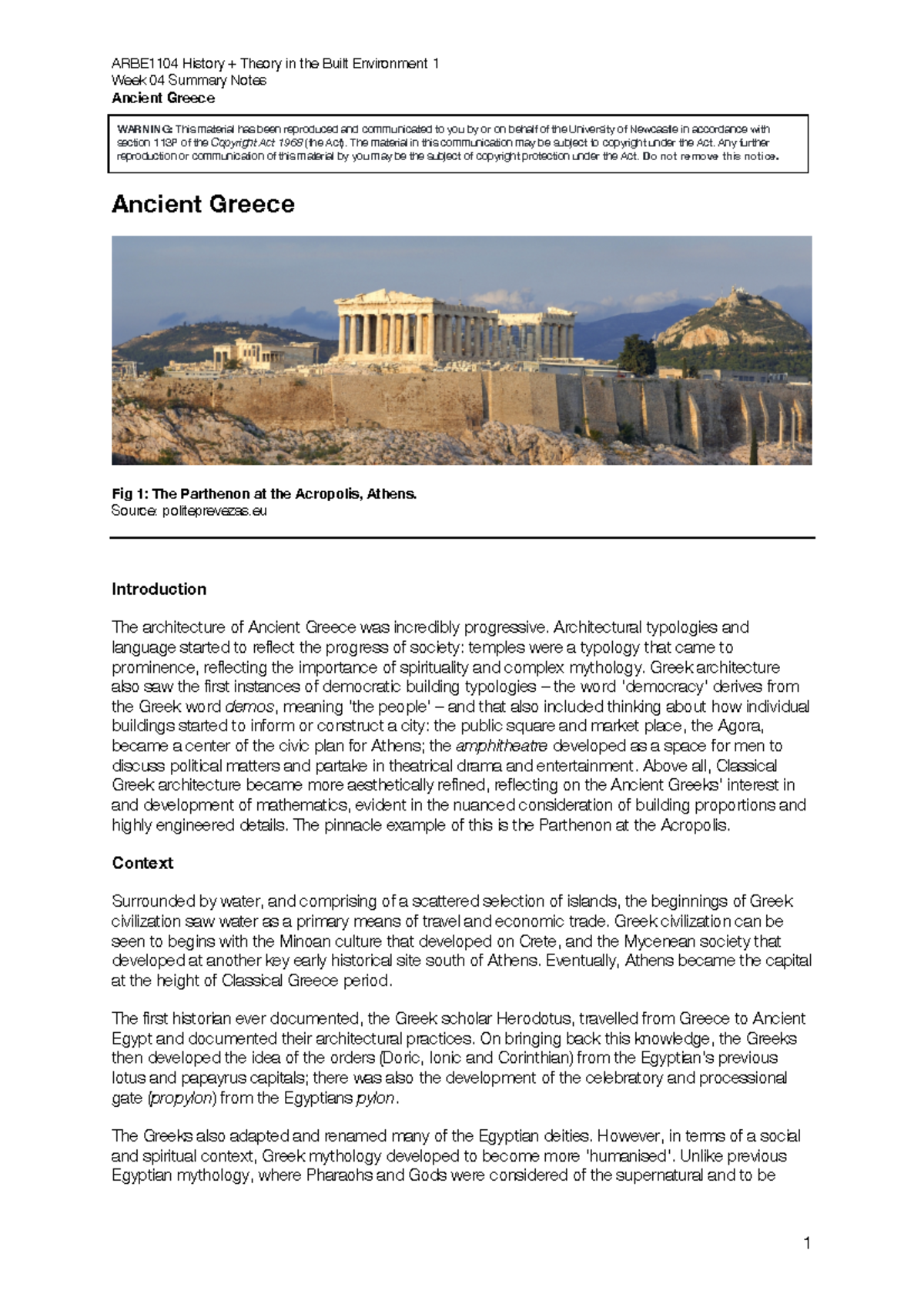 ARBE1104 WK04 Ancient Greece - Week 04 Summary Notes Ancient Greece ...