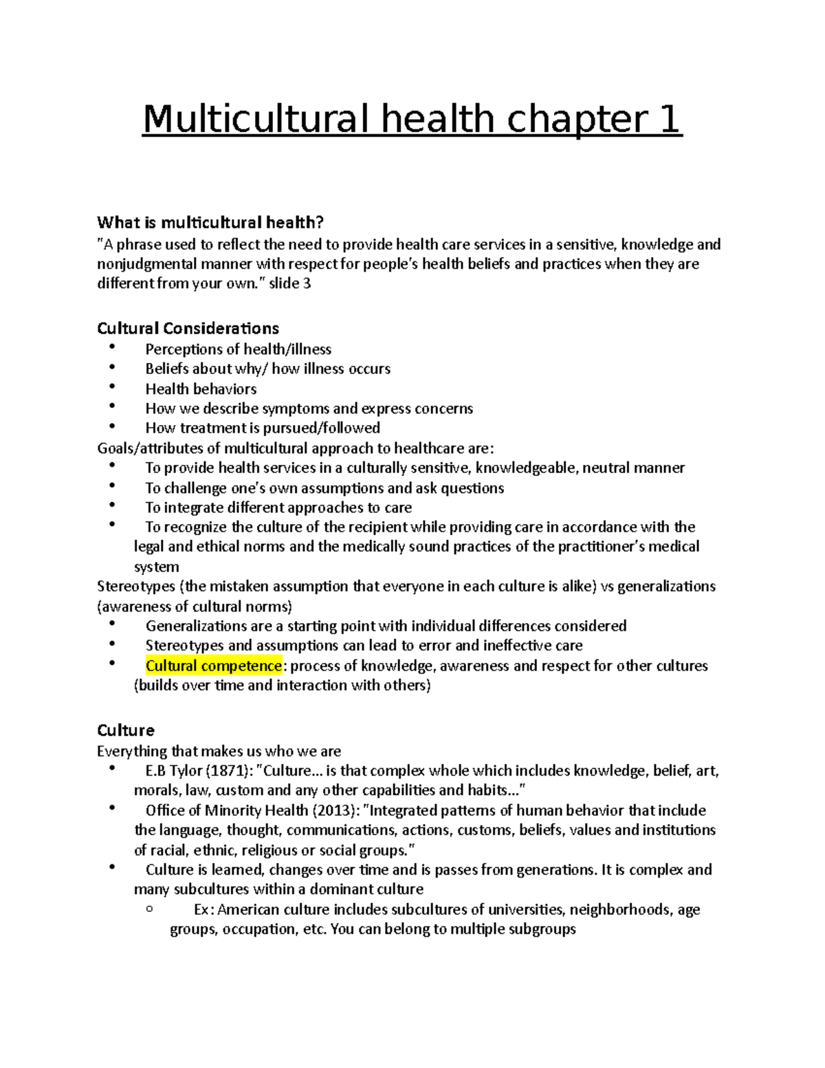 Chp 1 multicultural health notes - Multicultural health chapter 1 What ...