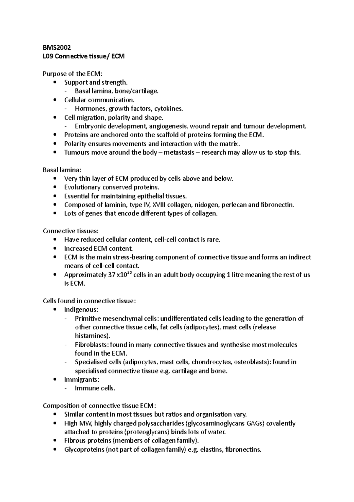 Lecture 9 - Connective tissue/ ECM - BMS L09 Connective tissue/ ECM ...