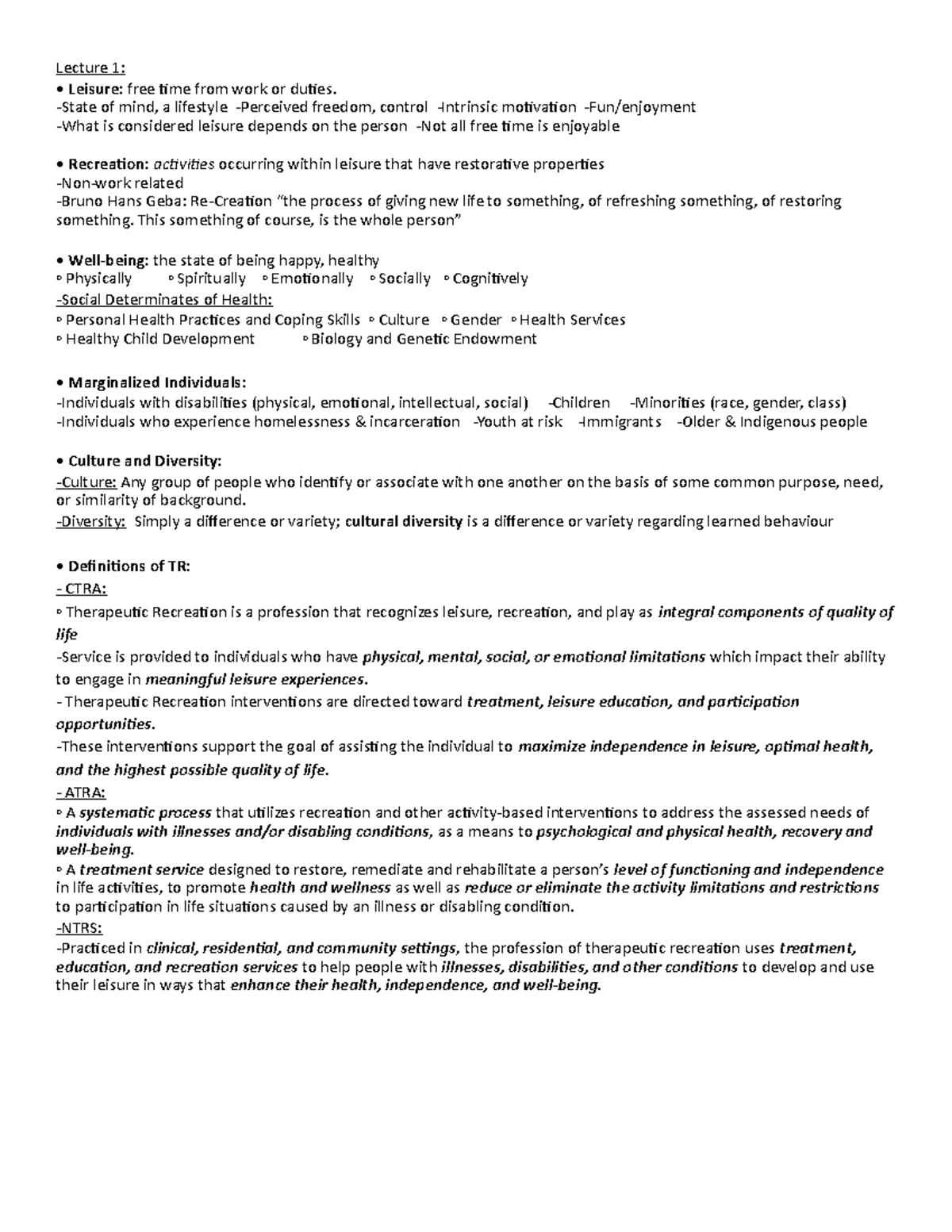 AHSC-281 midterm - Lecture 1: Leisure: free time from work or duties ...