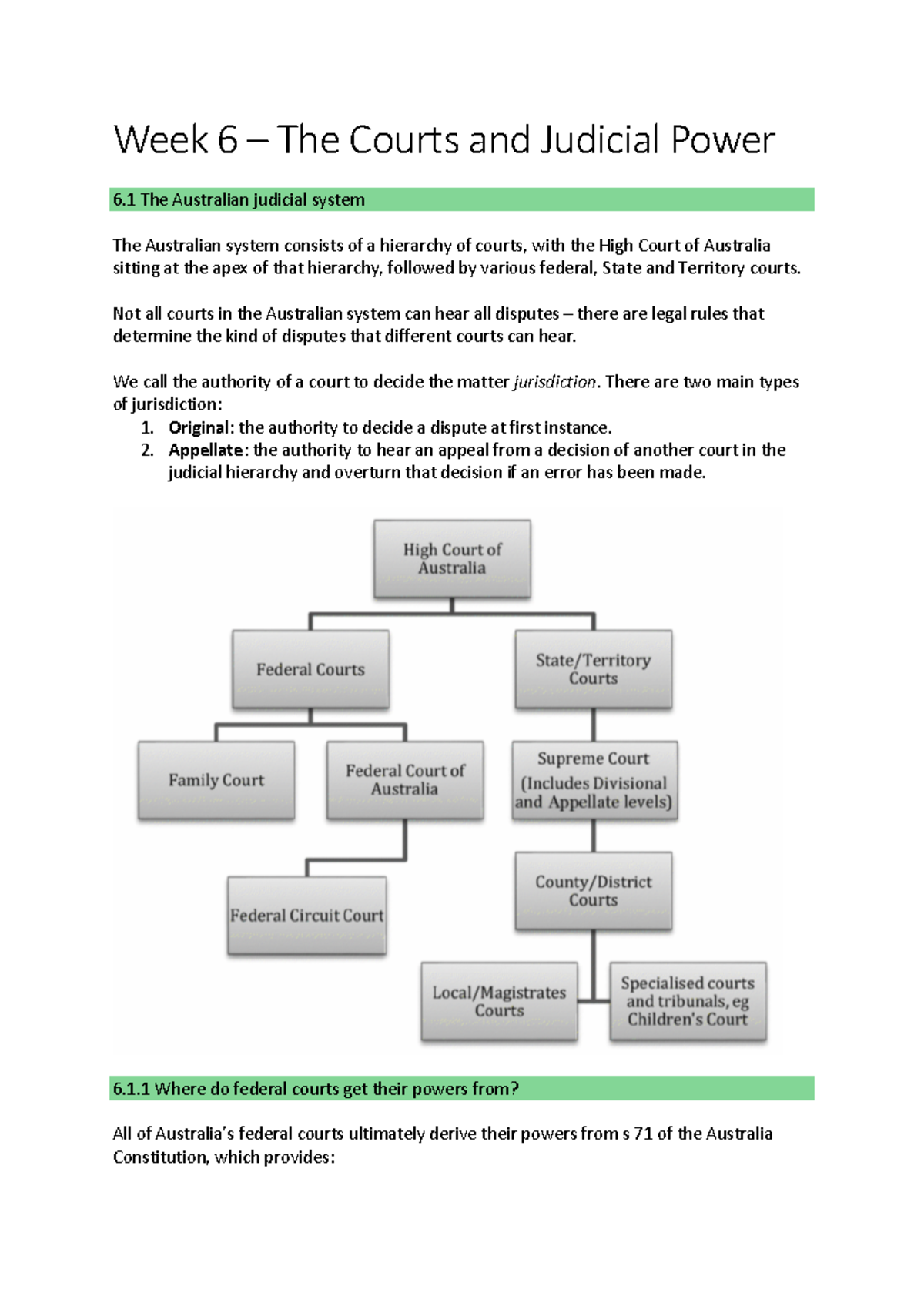 Week 6 Notes - Week 6 – The Courts and Judicial Power 6 The Australian ...