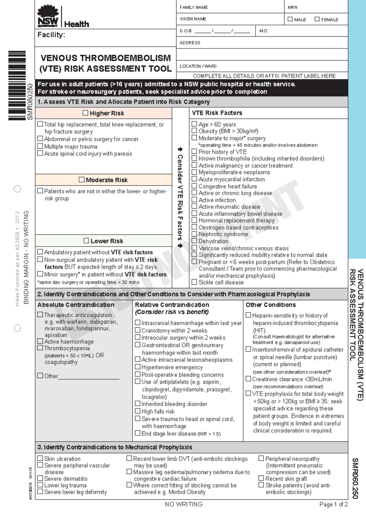 Venous Thromboembolism VTE Risk Assessment Tool - For use in adult ...