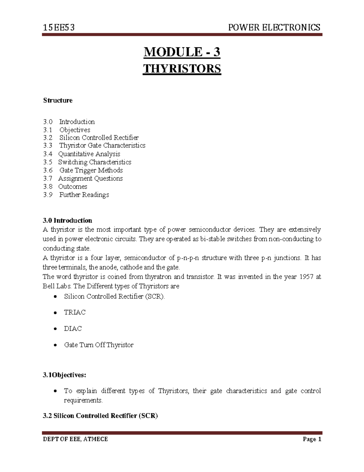 M3 - Lecture note - MODULE - 3 THYRISTORS Structure 3 Introduction 3 ...