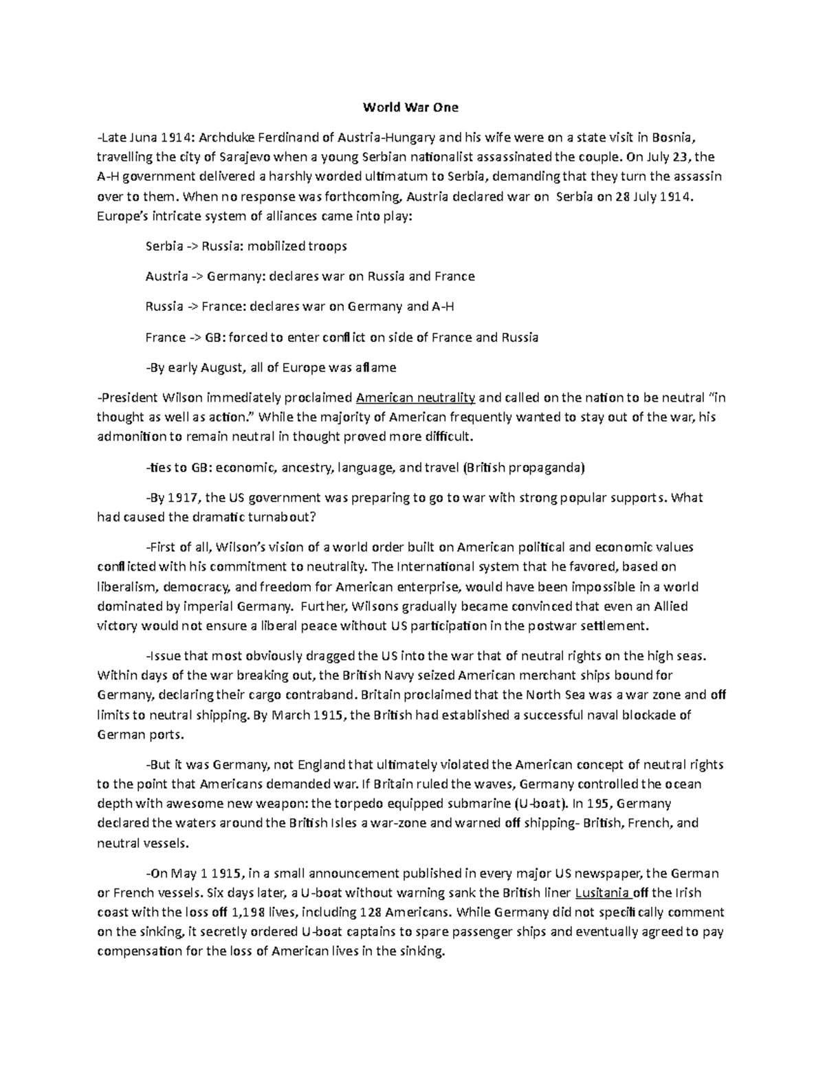 CIV 1 World War One NOtes - World War One -Late Juna 1914: Archduke ...