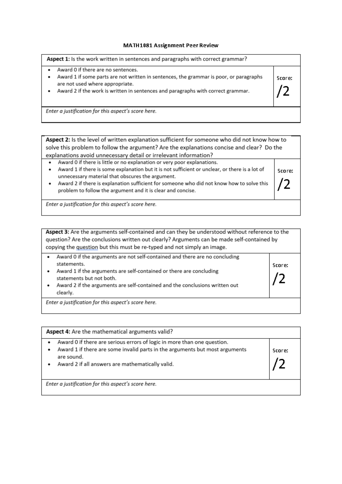 MATH1081 Assignment Peer Review - Template - 035010 - MATH1081 Assignment Peer Review Score ...