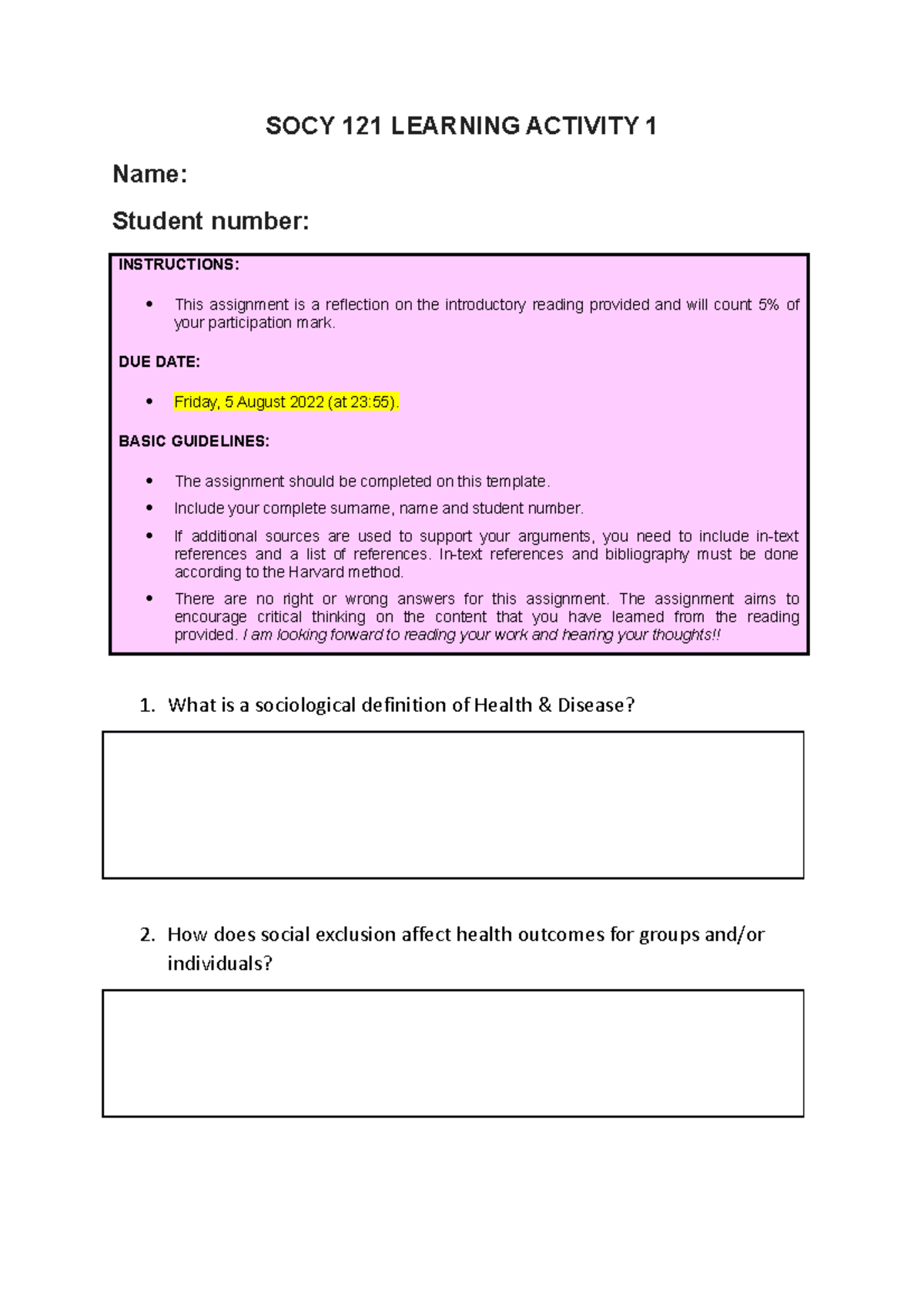 SOCY 121 - LA 1 - Practise activity - SOCY 121 LEARNING ACTIVITY 1 Name ...